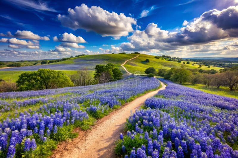 A Serpentine Pathway through a Texas Springtime Bloom: Delicate Purple ...