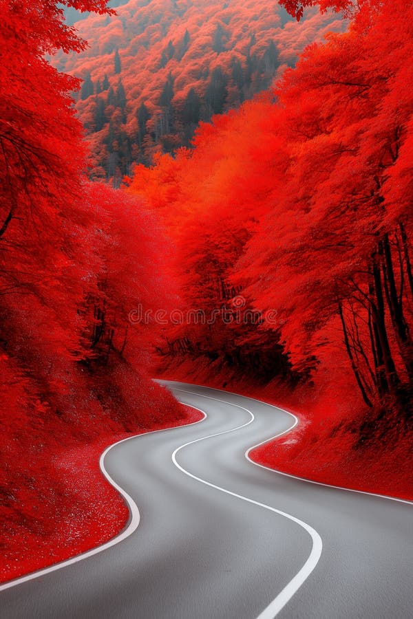 Serpentine Road through Vibrant Red Forest in Autumn Stock Illustration ...