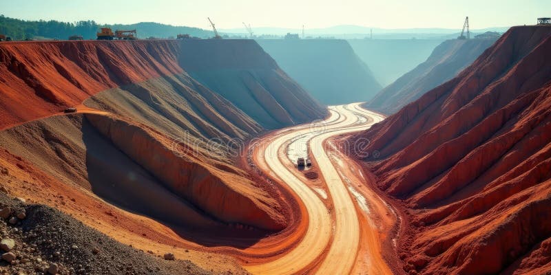 A Serpentine Road Winds through a Deep, Red Earth Quarry, Excavators on ...