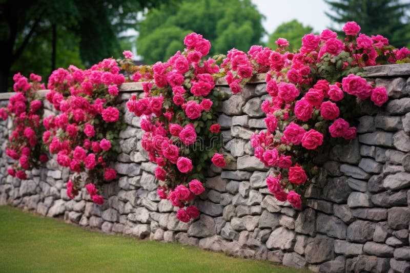 Serpentine Stone Garden Wall with Blooming Roses on Top Stock ...