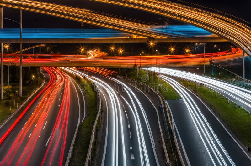 Serpentine Urban Freeway at Night Stock Image - Image of skyline ...