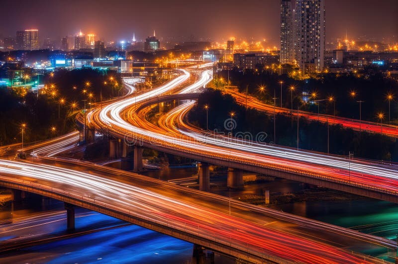 Serpentine Urban Freeway at Night Stock Photo - Image of junction ...