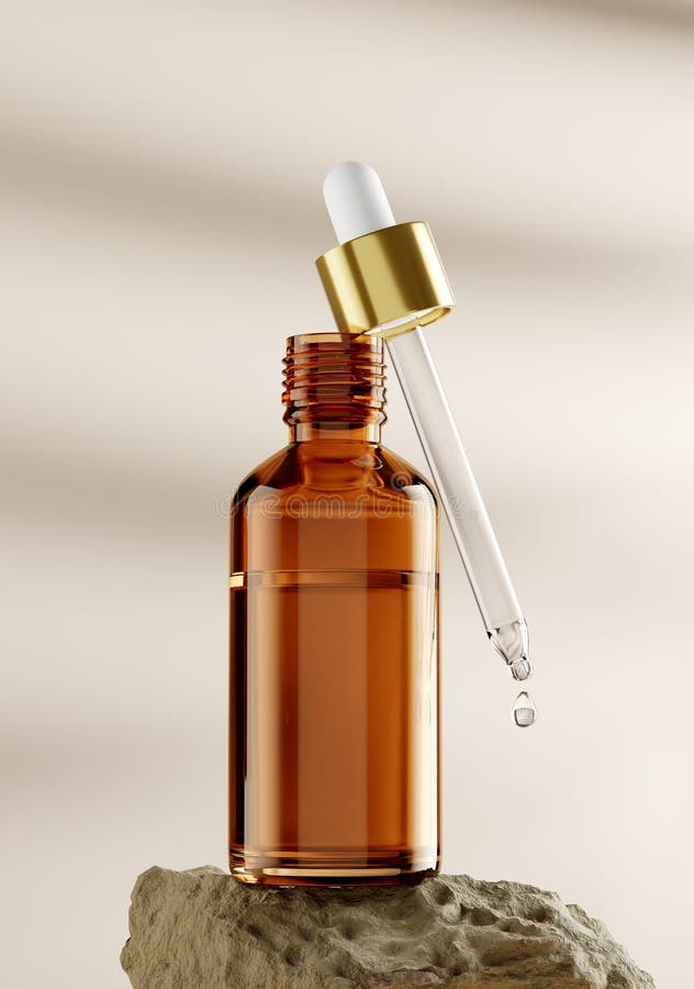 Serum Dropper Bottle Mockup on a Rock - 3D Illustration Stock ...