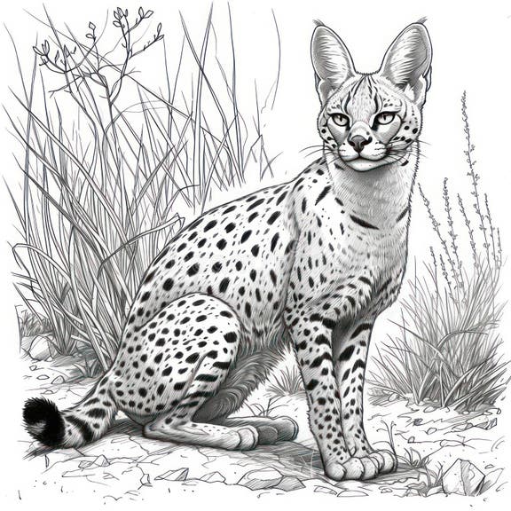 Serval Cat Drawing Coloring Book Page Stock Illustration - Illustration ...