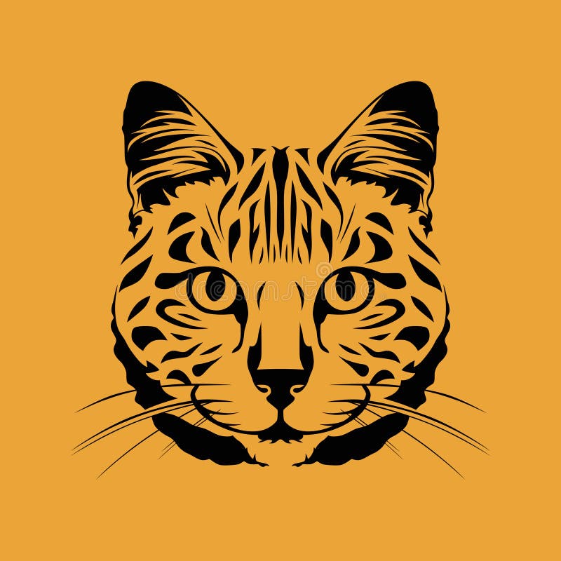 Serval Cat Face Front View Silhouette Drawing On Gold Background Stock Vector Illustration Of