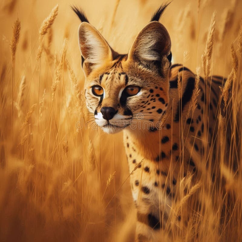 Serval Hidden in Grass stock illustration. Illustration of predator ...