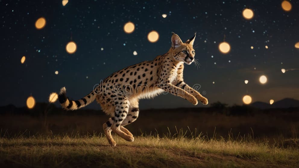 Serval Cat Leaping at Night Under Starry Sky with Bokeh Lights Stock ...