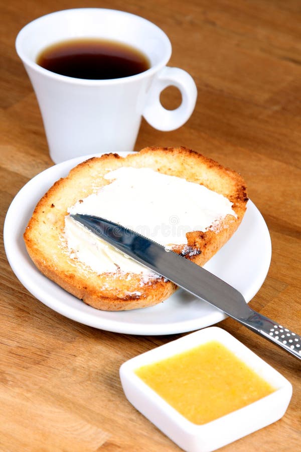 European Breakfast: Cup of Coffee, Toasts, Jam, Butter and Orange Stock ...