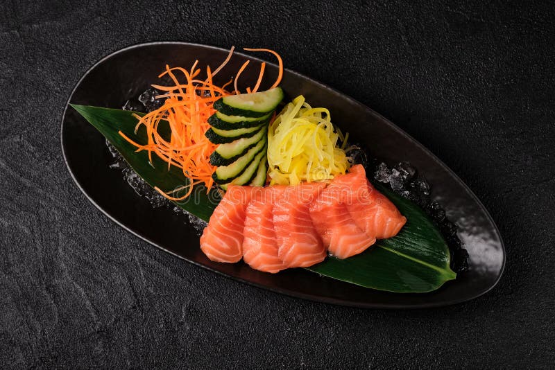 Served Salmon Sashimi on Black Background Stock Photo - Image of ...