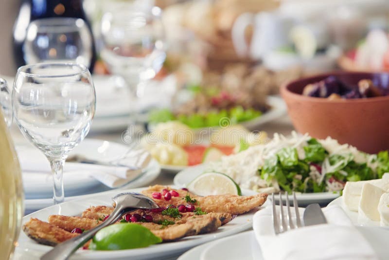 Served Table with Different Meals. Stock Image - Image of bread ...