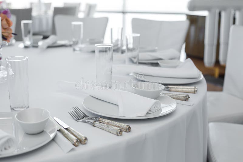 Served Table in the Restaurant. Clean White Dishes Layout on a White ...