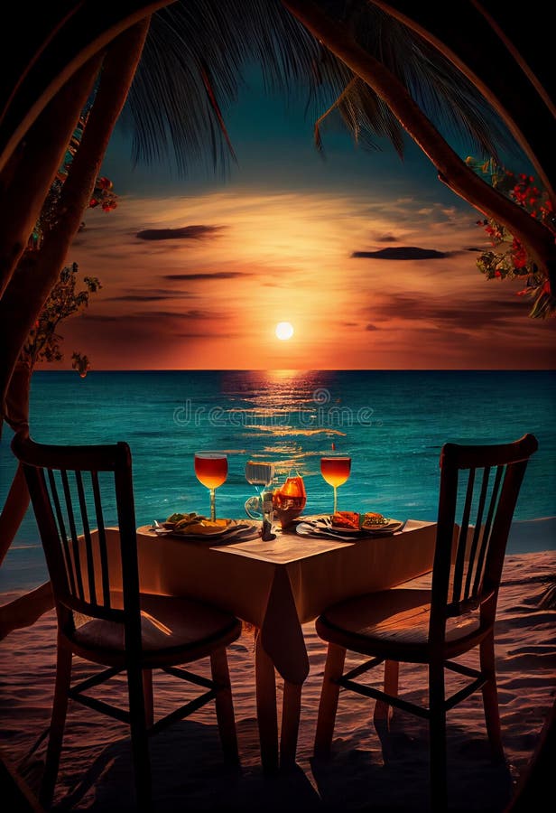 Served Table by the Sea at Sunset. AI Generated Stock Illustration ...