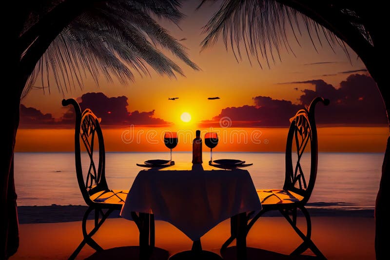 Served Table by the Sea at Sunset. AI Generated Stock Illustration ...