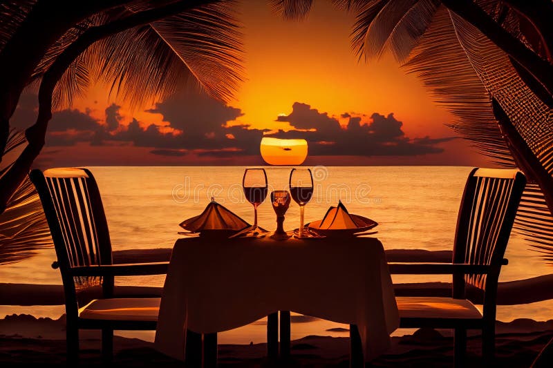 Served Table by the Sea at Sunset. AI Generated Stock Illustration ...