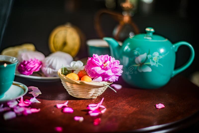 Served Tea Table, with Marshmallow and Flowers Stock Photo - Image of ...