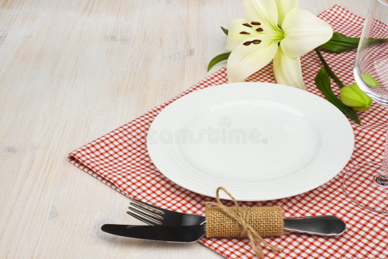 Served Wooden Restaurant Table with Settings on Red Checkered ...