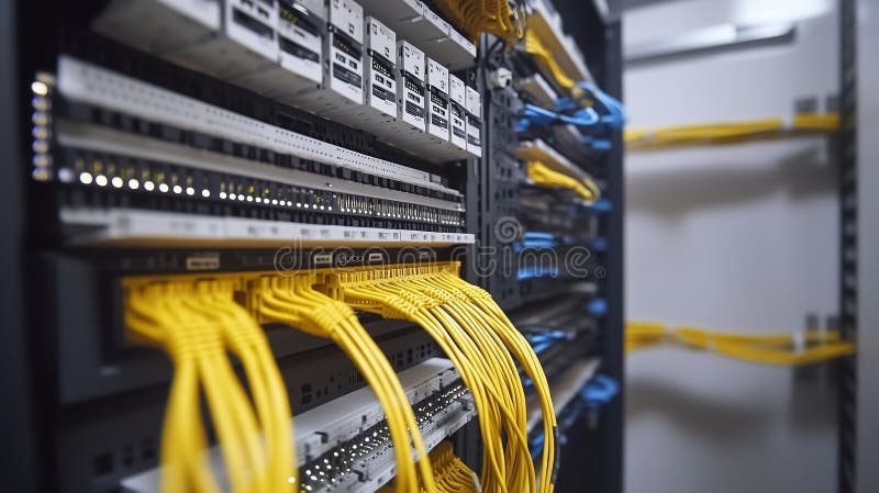 Server Cabinet with Network Equipment and Connected Yellow and Blue ...