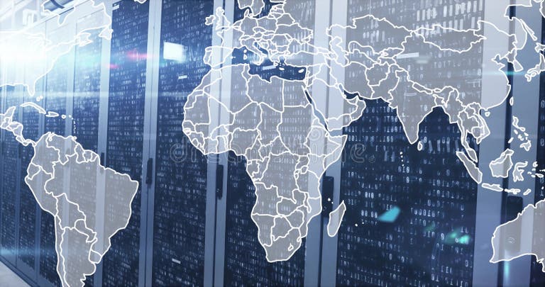 Server Cabinets Glowing with LED Lights in Data Center, with Binary ...