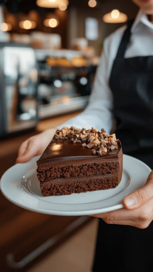 Server Carrying a Slice of Two-layer Chocolate Cake Topped with ...