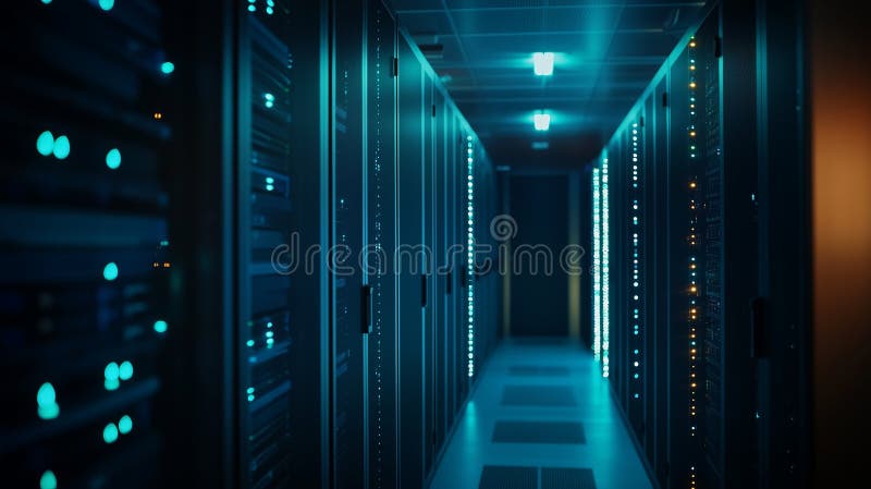 Server Corridor in a Data Center with Lights on the Servers. the View ...