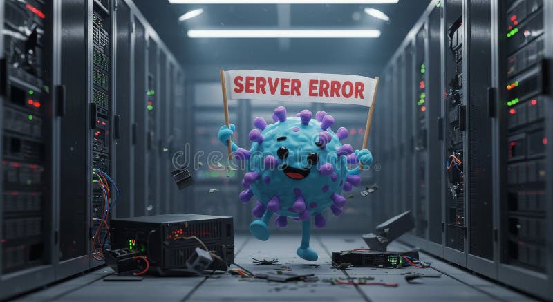 Server Error a Bugs Mishap a Cheerful Cartoon Virus Character Holds a ...