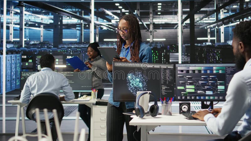 Server Farm Engineering Team Using AI Algorithms and Node Tree Systems Stock Video - Video of ...