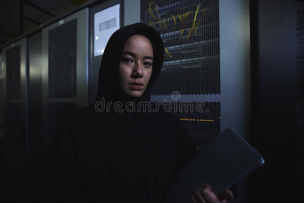 Server, Hacker and Database with Portrait of Woman for Coding, Software and Cyber Security ...