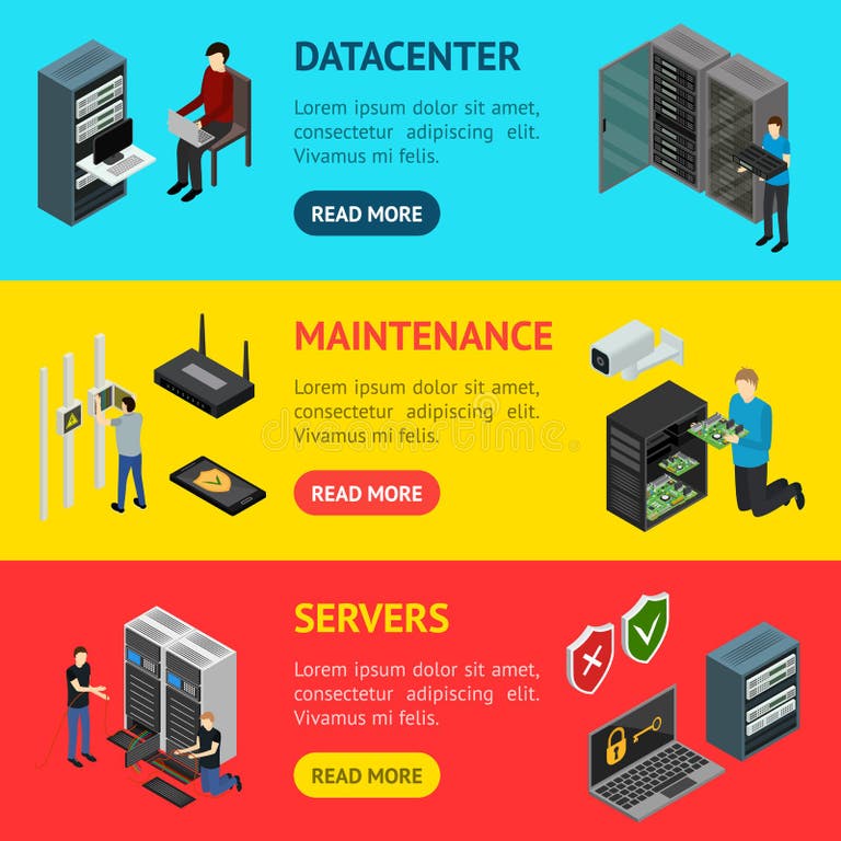 Server Hardware Banner Horizontal Set Isometric View. Vector Stock ...