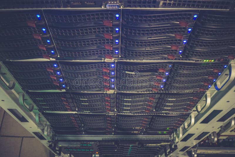 Server Hardware Installed in Racks Data Center. View from Above Stock ...
