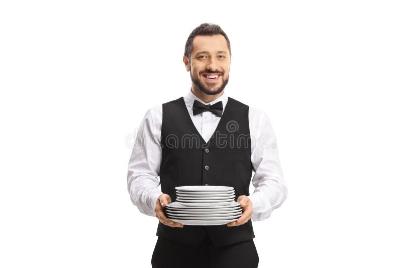 Server Holding a Pile of Plates and Smiling Stock Image - Image of ...