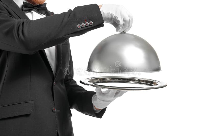 Waiter with Tray and Cloche on White Background Stock Photo - Image of ...