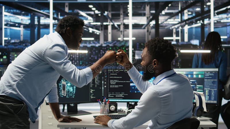 Server Hub Manager Checking AI Data Analytics Graphs, Congratulating Worker Stock Photo - Image ...