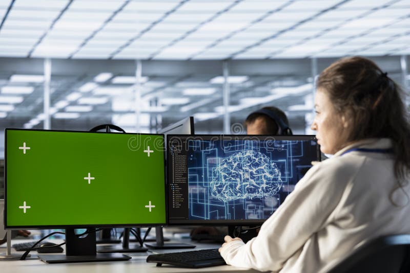 Server Hub Worker Works On Green Screen Computer Using Ai To Process
