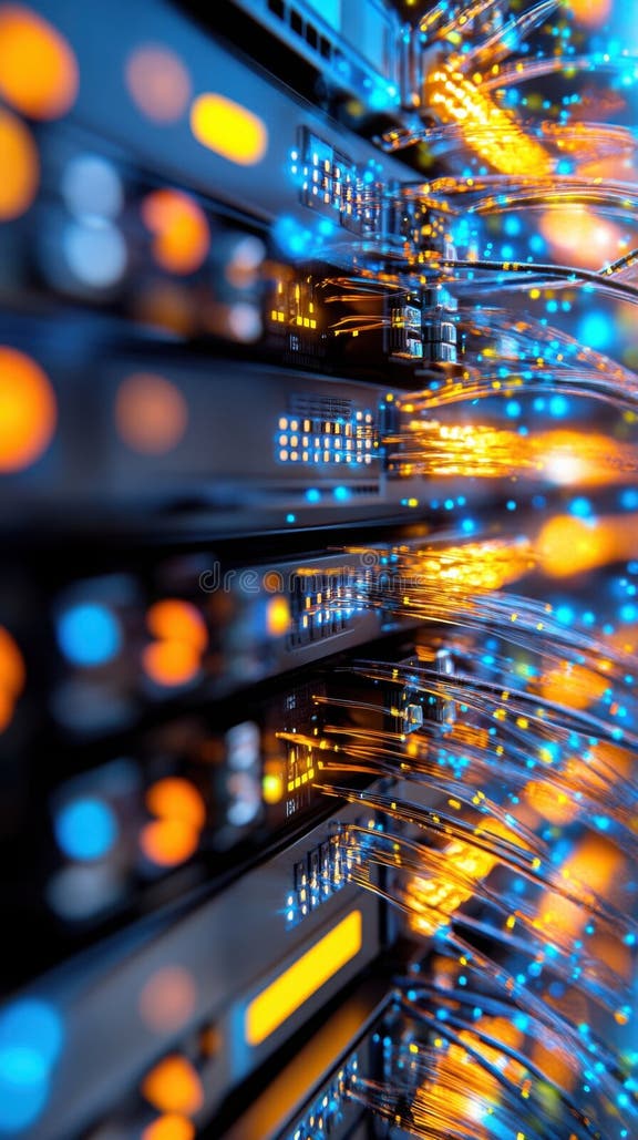 Server Infrastructure in a Glowing Data Center with Illuminated ...