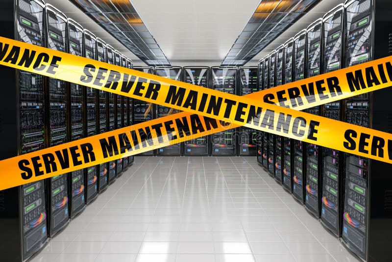 Server Maintenance Concept. Server Racks with Yellow Barrier Tapes, 3D ...