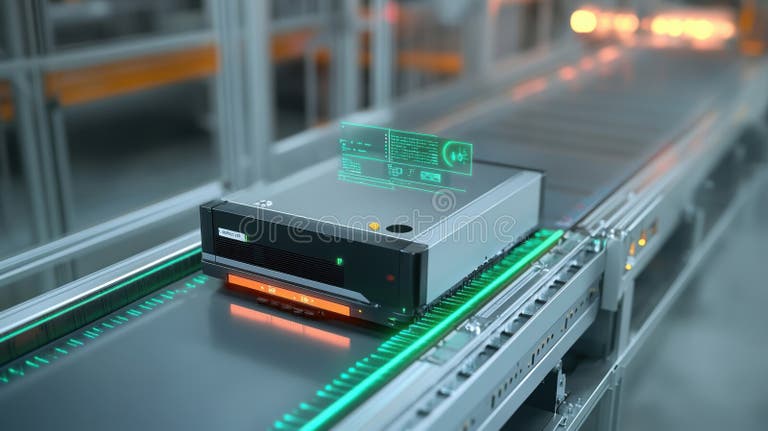 Server Moving on Assembly Line Showing Diagnostics in Futuristic ...