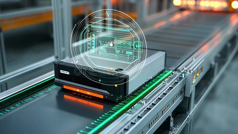 Server Moving on Assembly Line Showing Diagnostics in Futuristic ...