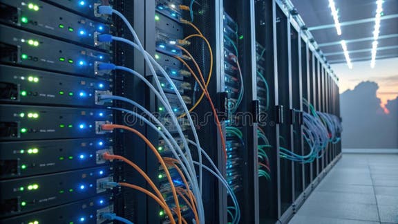 Server With Multiple Cables Connected In A Complex Network For Data Flow And Cloud Computing