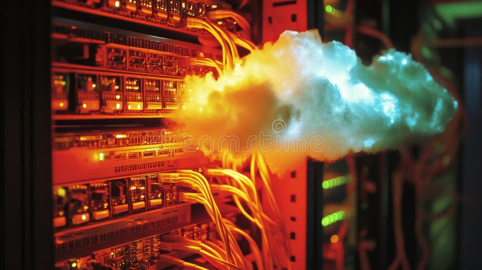 Server Overload: Blue and Orange Smoke Emitting from a Server Rack ...