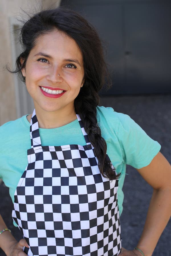 Server Posing with Black and White Modern Apron Stock Image - Image of ...