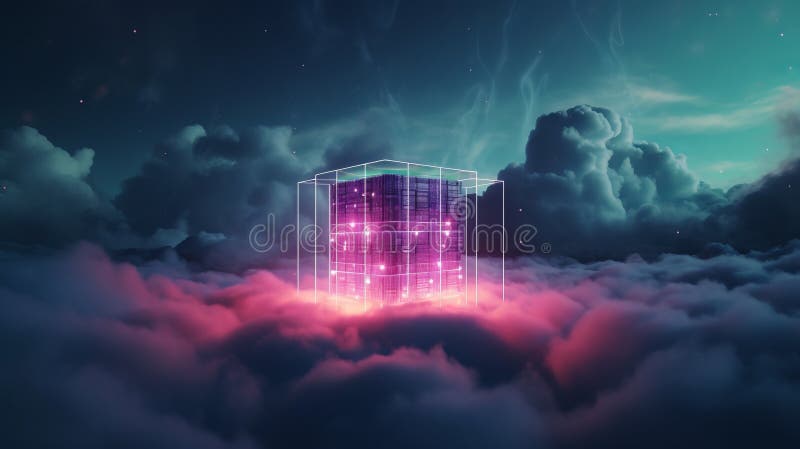 Server Rack Bathed in Soft Pink Glow Amidst Clouds Symbolizing Cloud ...