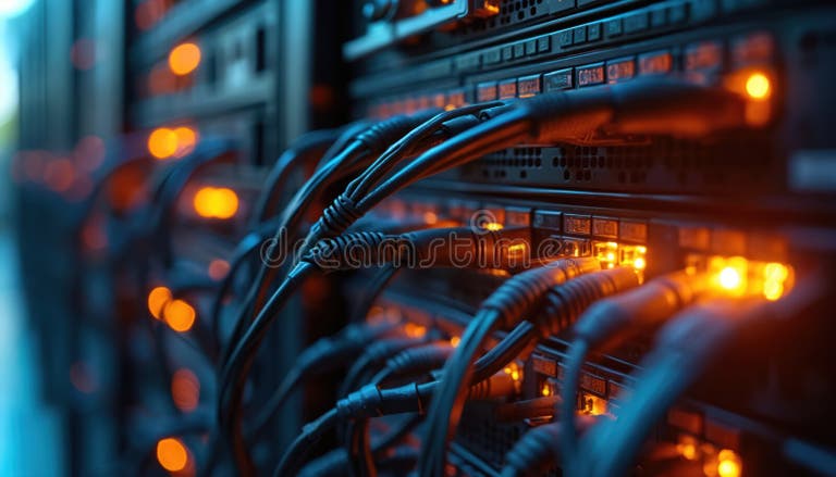 Server Rack with Blinking Lights, Network Cables. Illustrates Reliable ...