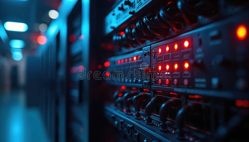 Server Rack with Blinking Red Lights in a Dark Data Center. Futuristic ...