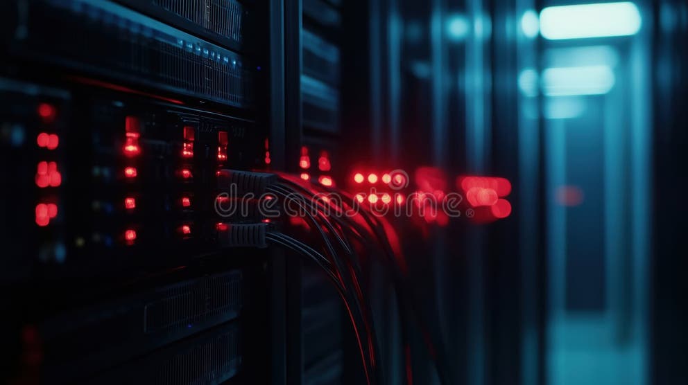 Server Rack Blinking Red Lights in Dark Data Center Room Stock Image ...
