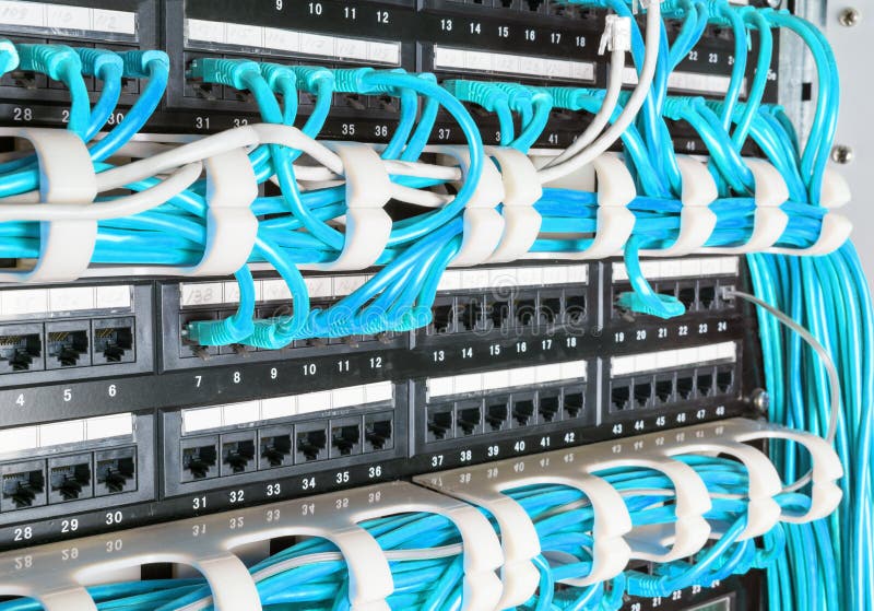 Server Rack with Blue Cables Stock Photo - Image of connector, cat5 ...