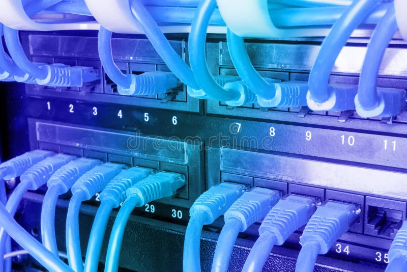 Server Rack with Blue Cables Stock Photo - Image of digital, patchpanel ...