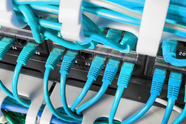 Server Rack with Blue Internet Patch Cord Cables Stock Photo - Image of ...