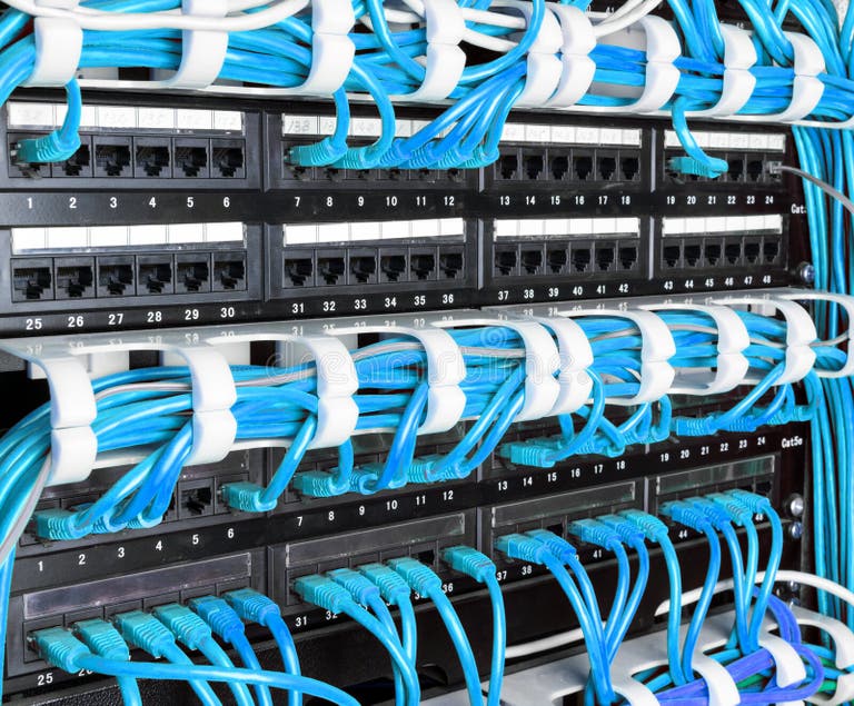 Server Rack with Blue Internet Patch Cord Cables Stock Photo - Image of ...
