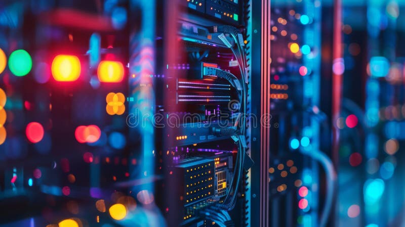 Server Rack with Cables and Colorful Lights in a Data Center Stock ...