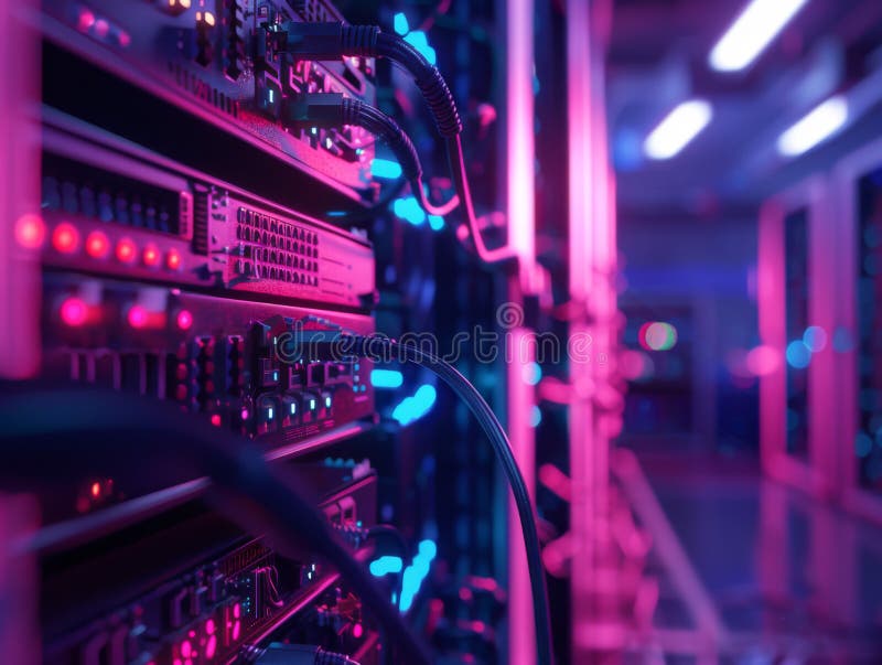 Server Rack with Cables and Neon Lights Stock Illustration ...
